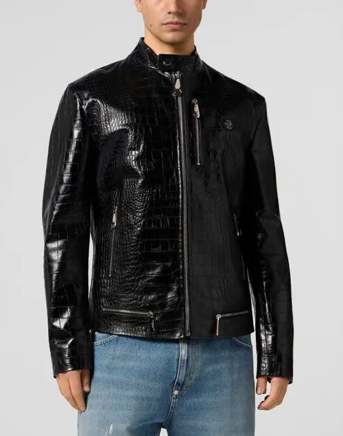 Philipp Plein Leather Moto Jacket With Croco-print And Metal Trims - Black