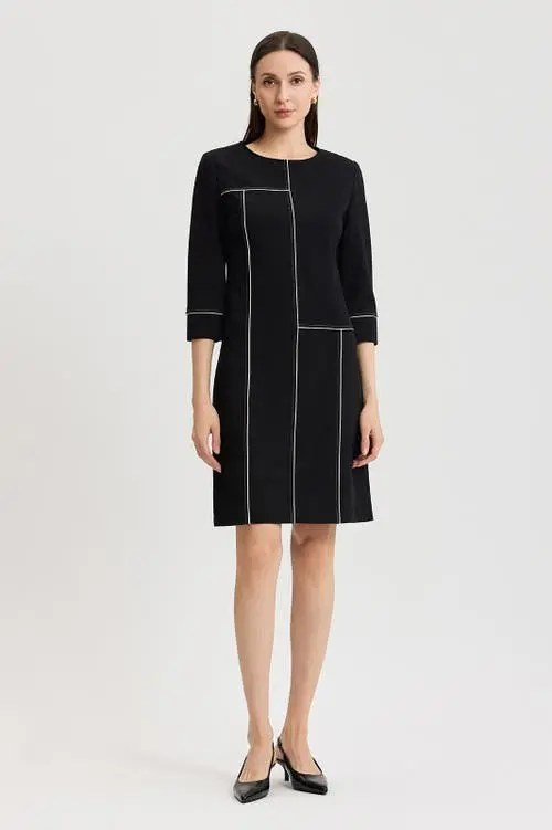 Ming Wang Monochrome Grid Stitch Stretch Deco Crepe Dress