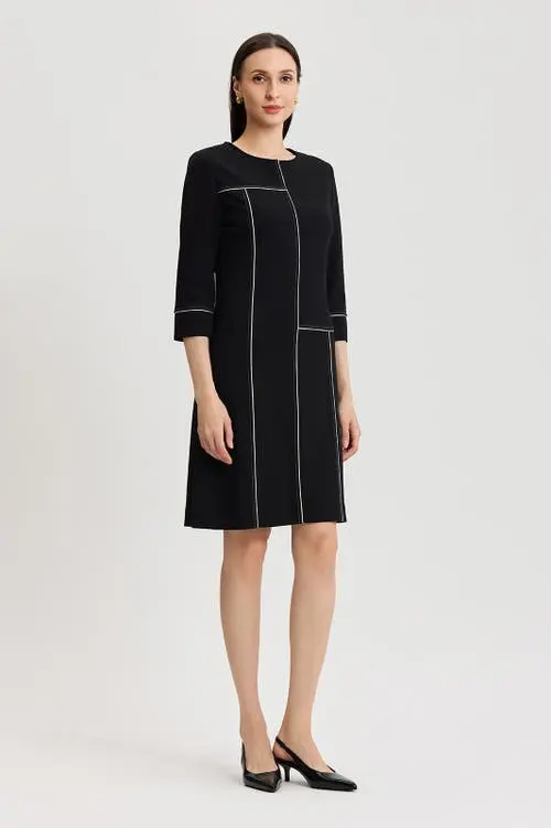 Ming Wang Monochrome Grid Stitch Stretch Deco Crepe Dress