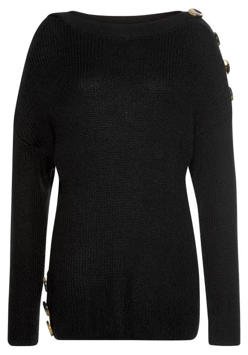 LASCANA Button Detail Off-shoulder Knit Sweater - Black