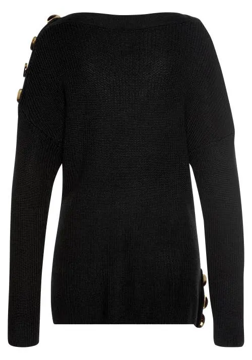 LASCANA Button Detail Off-shoulder Knit Sweater - Black