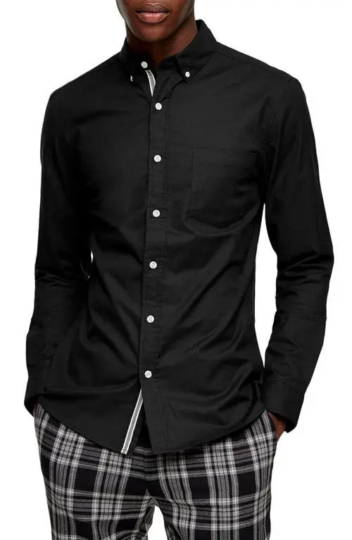 Topman Skinny Fit Stretch Button-down Oxford Shirt - Black