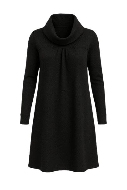 CONQUISTA Long Sleeve Knit Style A Line Dress With Wide Collar & Pleat Detail - Black