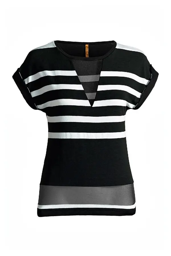 CONQUISTA Contemporary & White Striped Viscose-elastane Jersey Top With Mesh Detail - Black