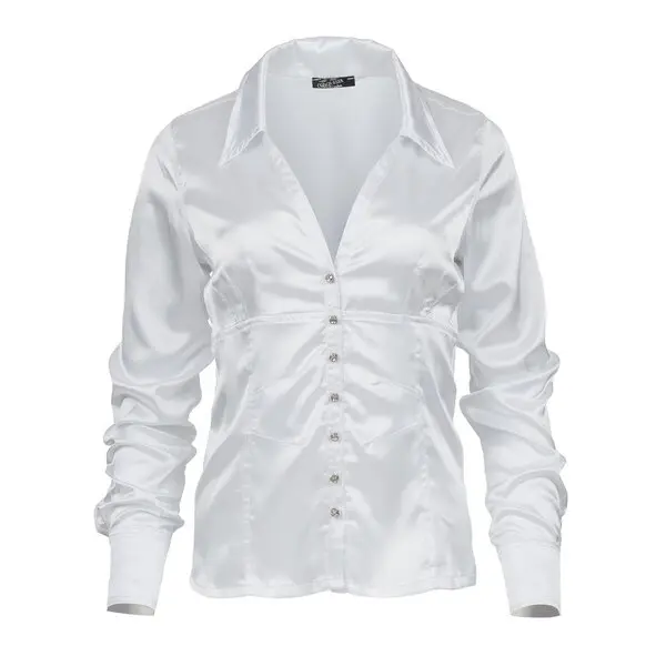 CONQUISTA Satin-finish Blouse With Strass Button Detail – Fitted & Elegant - White