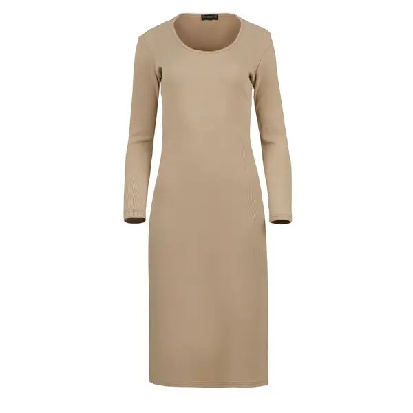CONQUISTA Neutrals Long Sleeve Round Neck Midi Dress In Ribbed Cotton-elastane - Beige