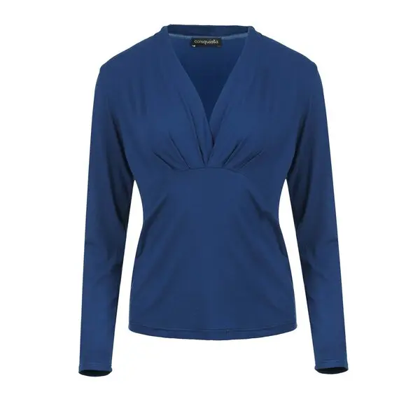 CONQUISTA Long Sleeve Faux Wrap Top In Stretch Jersey Sustainable Fabric - Blue