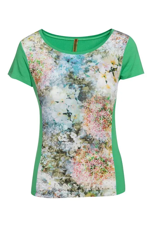 CONQUISTA Short Sleeve Floral Print Top - Green