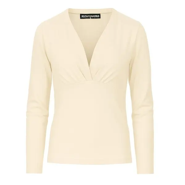 CONQUISTA Neutrals Long Sleeve Faux Wrap Top In Stretch Jersey Sustainable Fabric - Beige