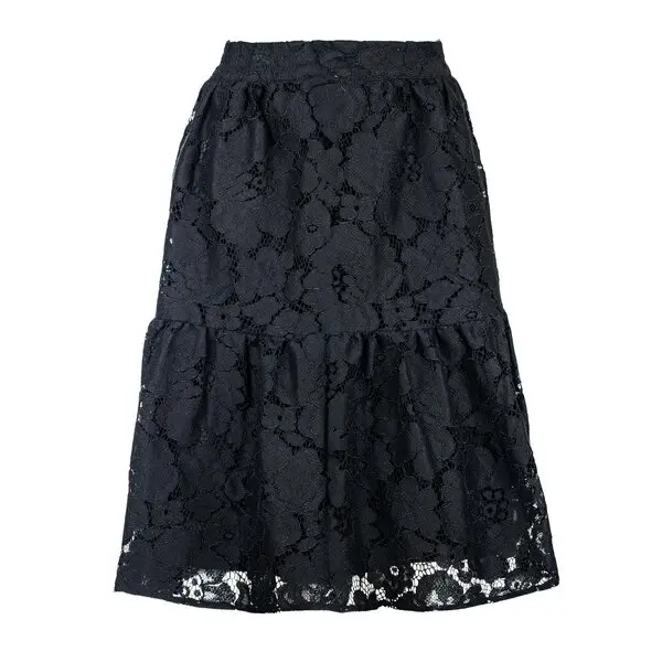 CONQUISTA Cotton Lace Skirt – Knitted Jacquard, Below Knee, Elastic Waist - Black