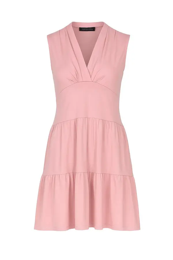 CONQUISTA Rose Sleeveless V-neck Jersey Dress – Loose Fit, Knee-length - Red