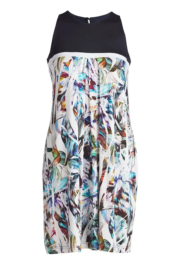 CONQUISTA Sleeveless Solid Colour & Print Dress - Blue