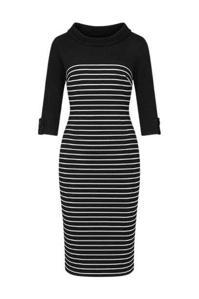 CONQUISTA Fitted Winter Dress In Striped Rib Knit Fabric - Black