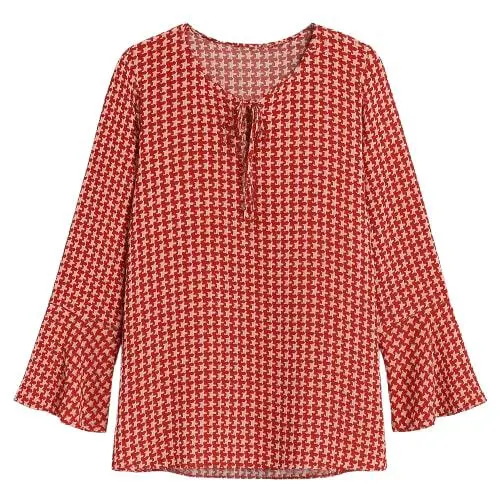 CONQUISTA Loose Fit Print Top With Tie Detail - Red