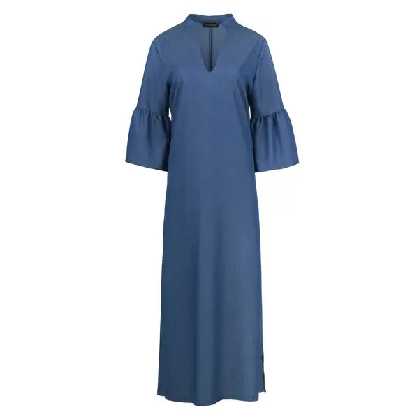 CONQUISTA Denim Style Kaftan With Ruffle Detail In Viscose-satin Fabric - Blue
