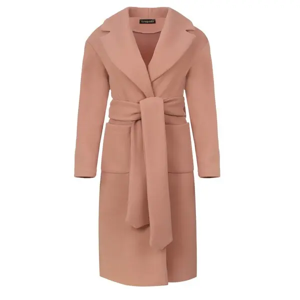 CONQUISTA Long Salmon Colour Faux Mouflon Coat With Belt - Pink