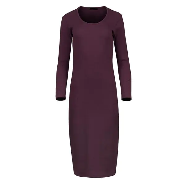 CONQUISTA Long Sleeve Round Neck Midi Dress In Ribbed Cotton-elastane Wine - Red