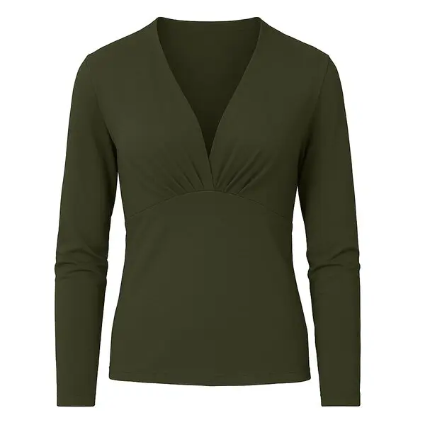 CONQUISTA Viscose Elastane Jersey Top – Long Sleeve, Deep V-neck- Dark Khaki - Green