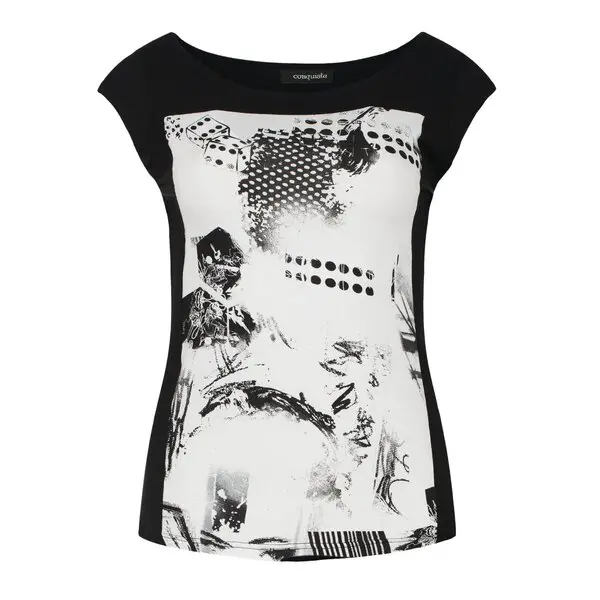 CONQUISTA Print Detail Cap Sleeve Top - Black