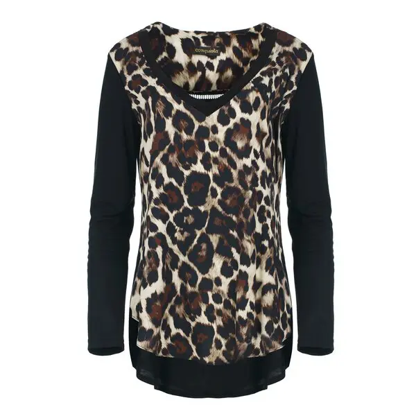 CONQUISTA Chic Animal Print Top With Tencel Jersey Back - Black