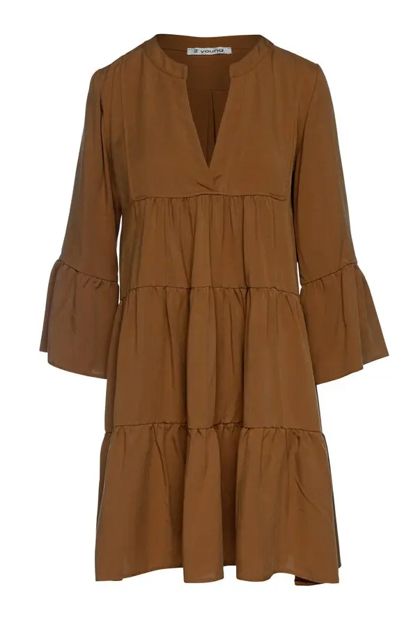 CONQUISTA Chocolate Tencel Gathered Seams Dress - Brown