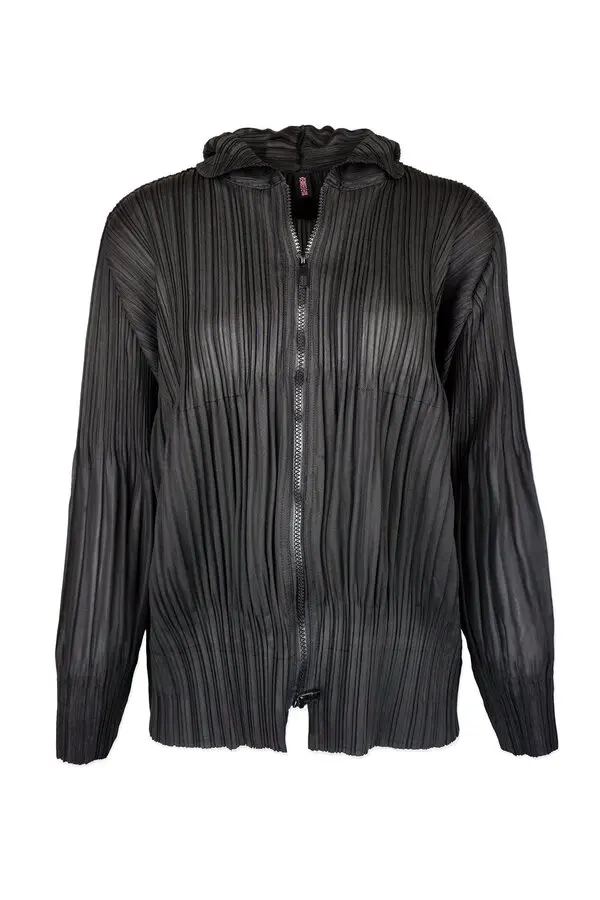 WILD COSMOS Vanessa Zip Up Hooded Plissé Satin Jacket - Black