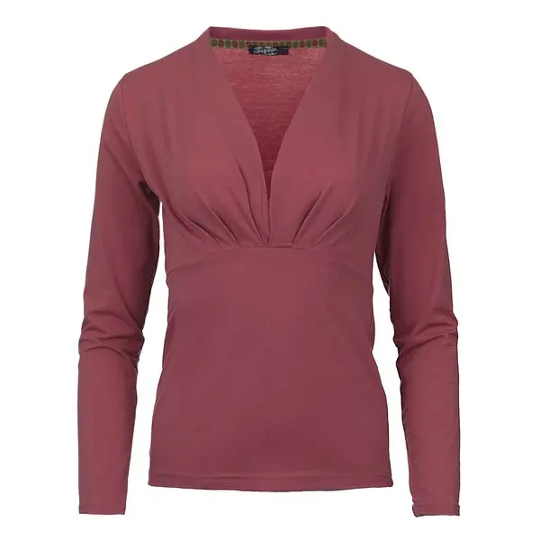 CONQUISTA Salmon Long Sleeve Faux Wrap Top In Stretch Jersey Sustainable Fabric - Pink