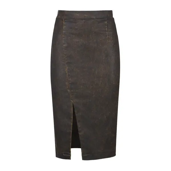 CONQUISTA Dark Washed Jean-effect Midi Skirt – Front Slit, Hidden Zipper - Brown