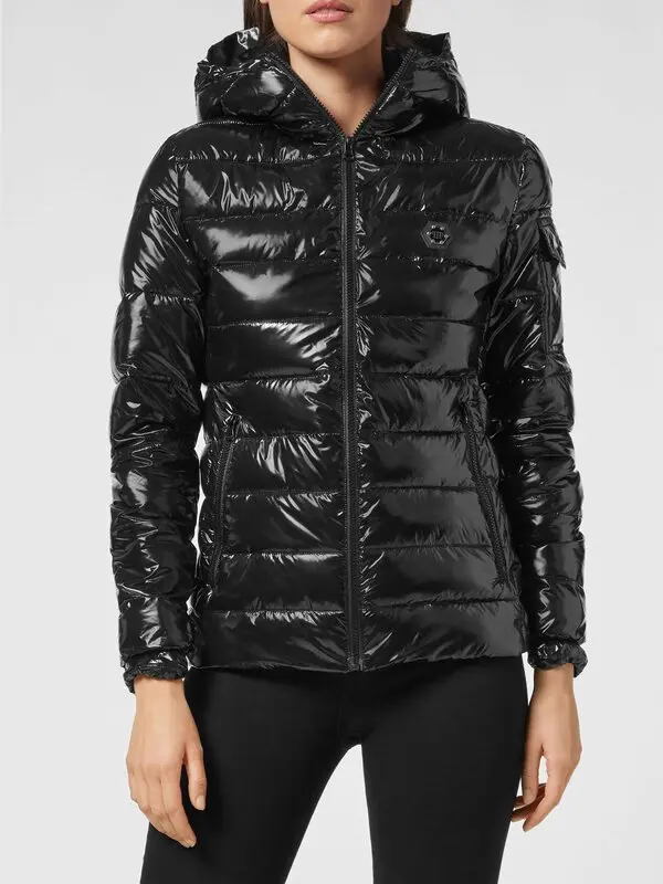 Philipp Plein Slim Fit Quilted Nylon Short Puffer Jacket With Hexagon Logo - Black