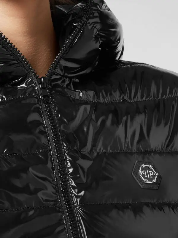 Philipp Plein Slim Fit Quilted Nylon Short Puffer Jacket With Hexagon Logo