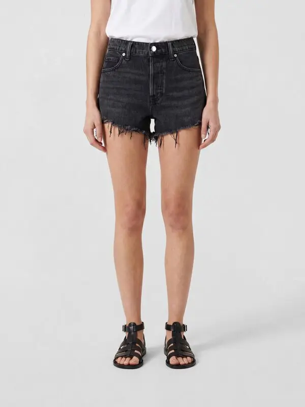 Alexander Wang Denim Shorts With Raw Hem And Rhinestone Logo - Grey