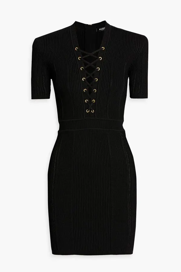 Balmain Laceup Ribbedknit Mini Dress - Black