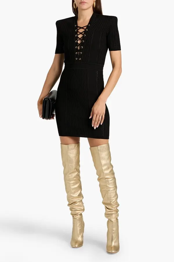 Balmain Laceup Ribbedknit Mini Dress