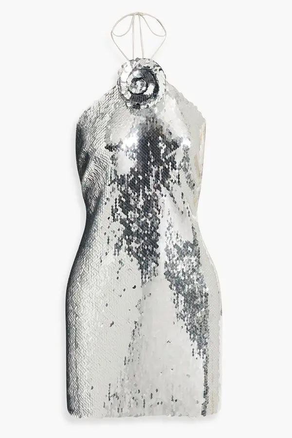 Magda Butrym Sequined Floral Appliqué Halterneck Mini Dress - Silver