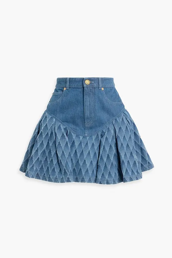 Balmain Denimjacquard Pleated Mini Skirt - Mid Denim