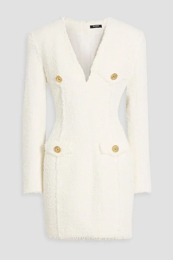 Balmain Frayed Tweed Mini Dress - White