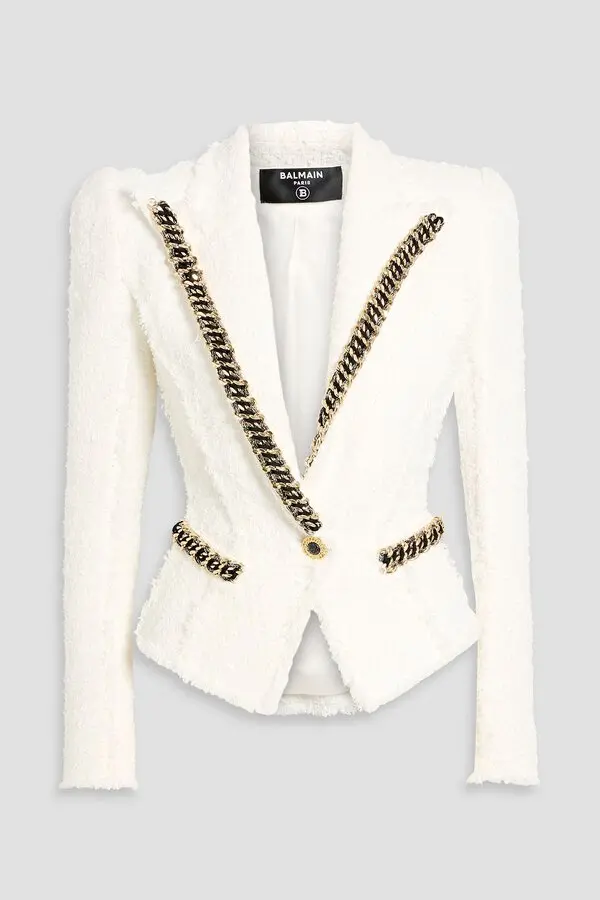Balmain Chaintrimmed Metallic Tweed Blazer - White