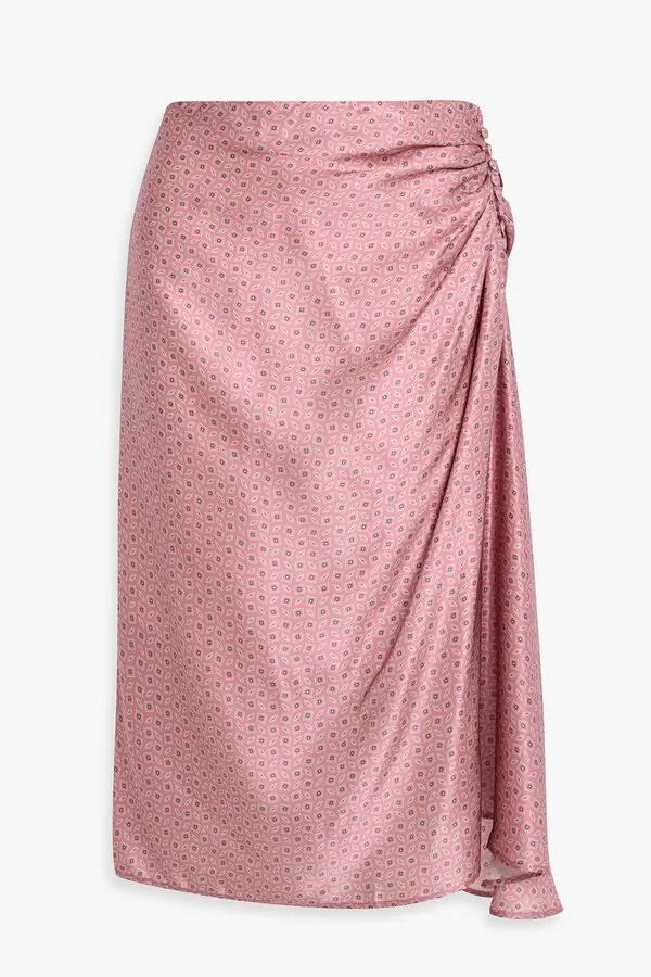 Dries Van Noten Buttondetailed Printed Ruched Silksatin Skirt - Lilac