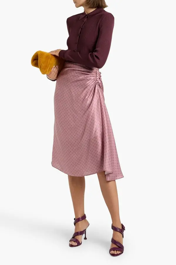 Dries Van Noten Buttondetailed Printed Ruched Silksatin Skirt