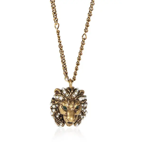 Gucci Gold-plated Lion Head Pendant Necklace With Faux Pearls - Gold_plated