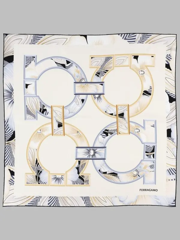 FERRAGAMO Gancini Hook Silk Square Scarf 70x70 Cm - Beige