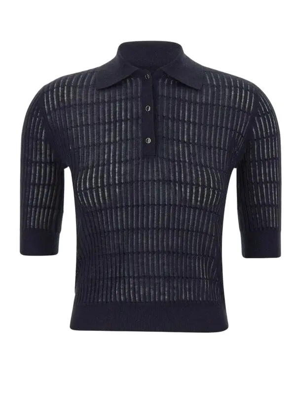 Max Mara Silk/wool Blend Ribbed Polo - Navy