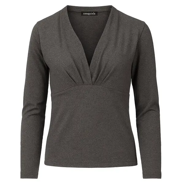CONQUISTA Heathered Charcoal V-neck Jersey Top – Long Sleeve, Draped Front - Black