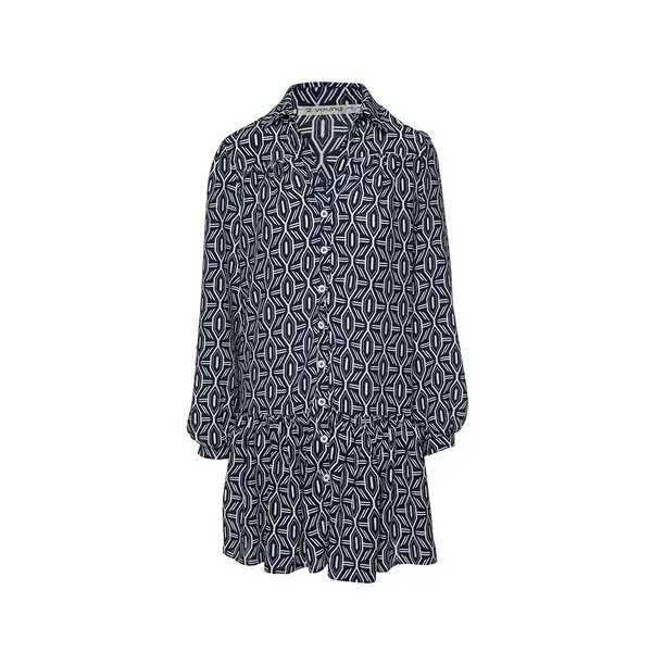 CONQUISTA Navy & White Print Dress With Buttons - Blue