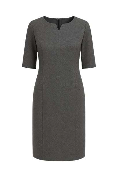 CONQUISTA Wool Silk Acrylic Blend Woven Straight Dress With Elbow Sleeves & Faux Pockets - Grey
