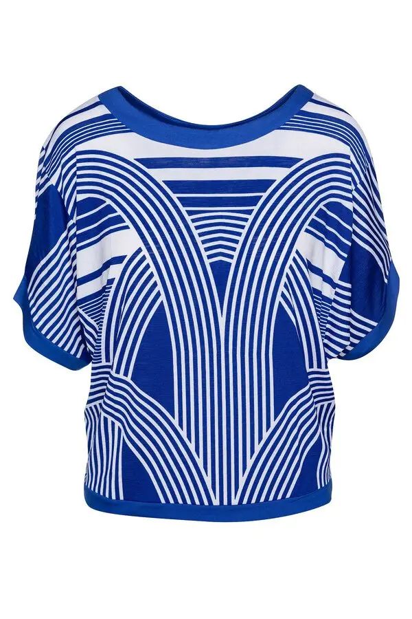 CONQUISTA Blue / White Trim Detail Print Top