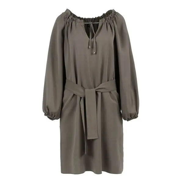 CONQUISTA Belted Olive Colour Dress With Pockets - Brown