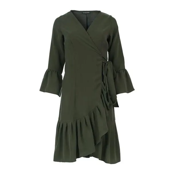 CONQUISTA Dark Olive Wrap Dress With Ruffle Detail – Viscose Blend - Green