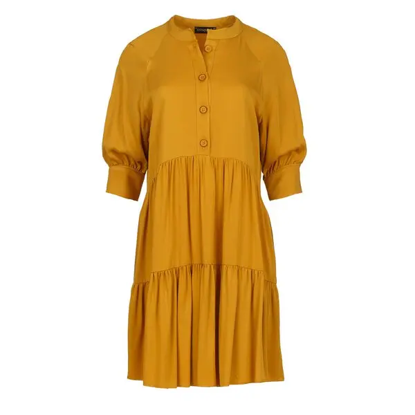 CONQUISTA Loose Dark Mustard Ruffle Dress - Yellow