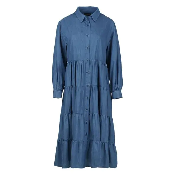 CONQUISTA Cotton Denim Long Sleeve Tiered Dress With Buttons - Blue